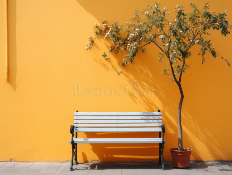 A White Bench Next To a Tree in Front of an Orange Wall Stock ...