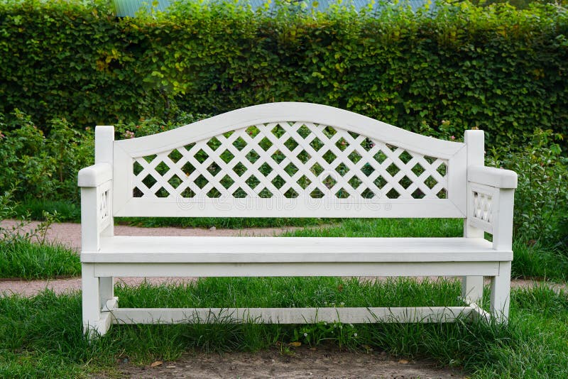 White Bench in the Park Against the Backdrop of a Green Hedge Stock ...