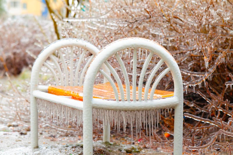 White Bench in a Park Covered with Ice Stock Image - Image of january ...