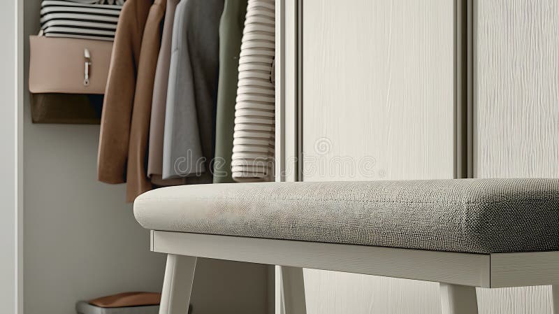 A White Bench Sits in Front of a Closet with a Row of Clothes Hanging ...