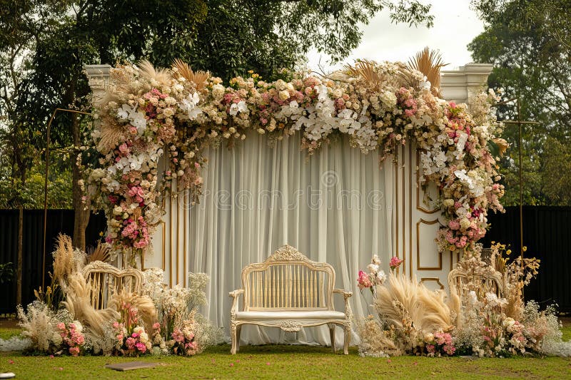 A White Bench Sitting in Front of a White Backdrop Covered in Flowers ...