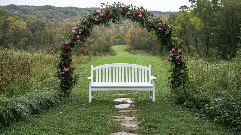 White Bench Under Rose Arch in Scenic Green Landscape Stock Photo ...