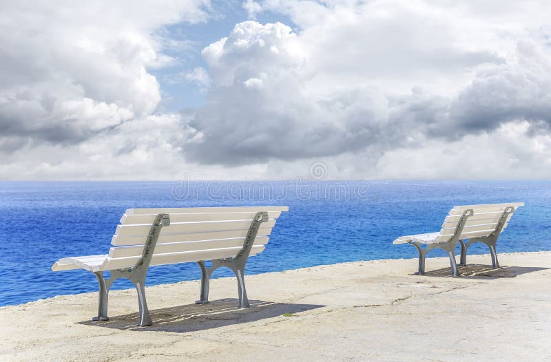 White Bench on the Waterfront. Stock Image - Image of calm, view: 98470149