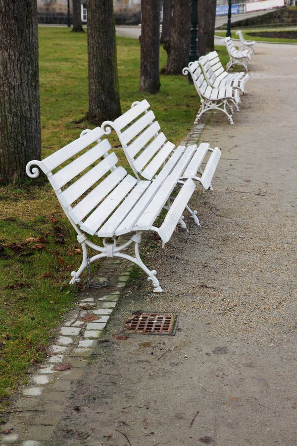 White benches stock photo. Image of grass, path, tree - 26210348
