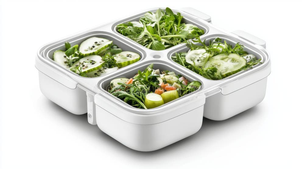 A White Bento Box with Four Compartments Filled with Fresh Vegetables ...