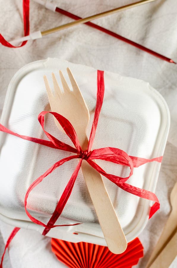 White Bento Cake Box with Red Bow. Gift Box with Tasty Bento. Cake ...