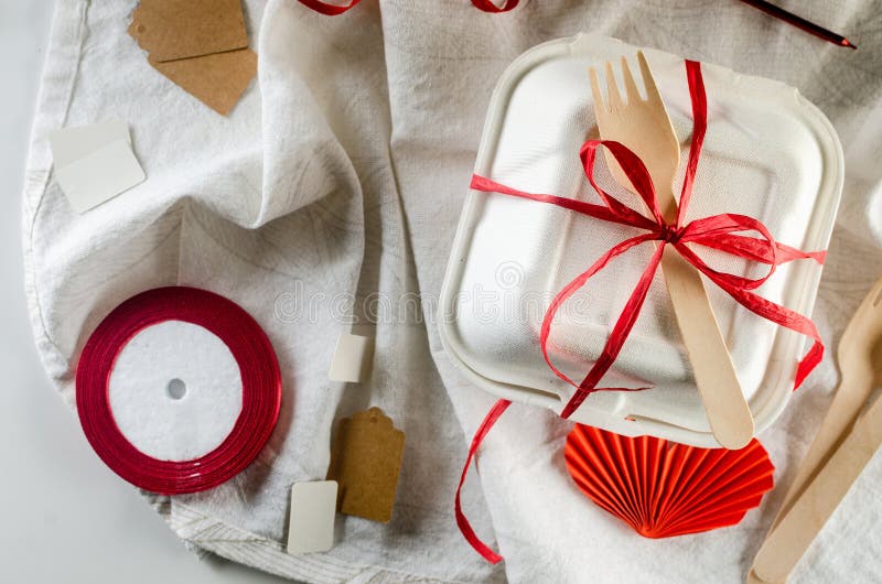White Bento Cake Box with Red Bow. Gift Box with Tasty Bento. Cake ...