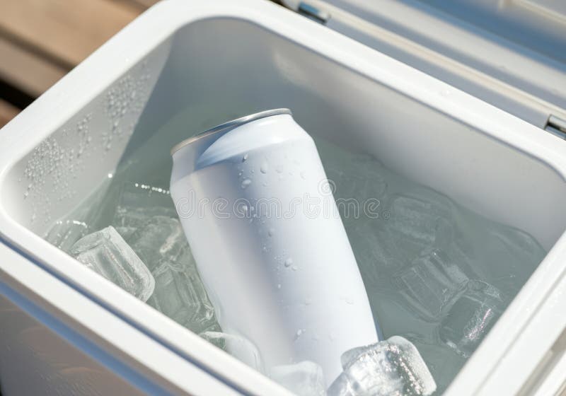 White Beverage Can Mockup Chilling in Ice-filled Cooler Stock Image ...
