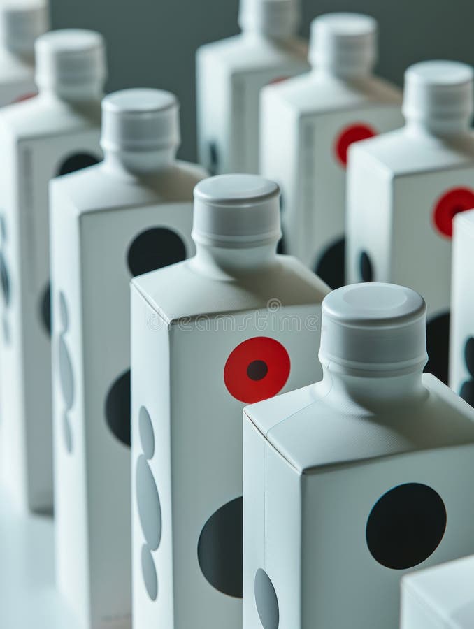 White Beverage Cartons with Black and Red Dot Designs. Stock ...