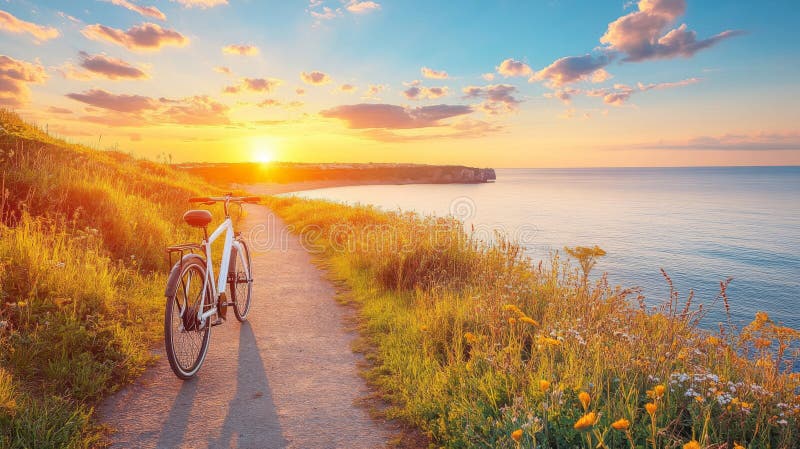 White Bicycle on Coastal Path at Sunset Stock Illustration ...