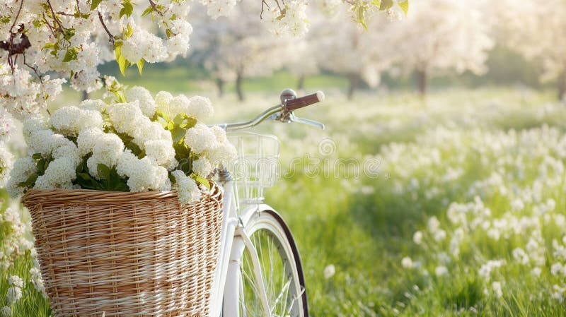 White Bicycle, Spring Flowers, Orchard, Basket, Sunlight Stock Photo ...