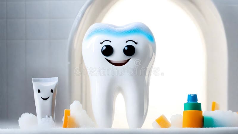 White Big Tooth Dancing Jumping with Toothpaste in Bathroom Video Loop ...