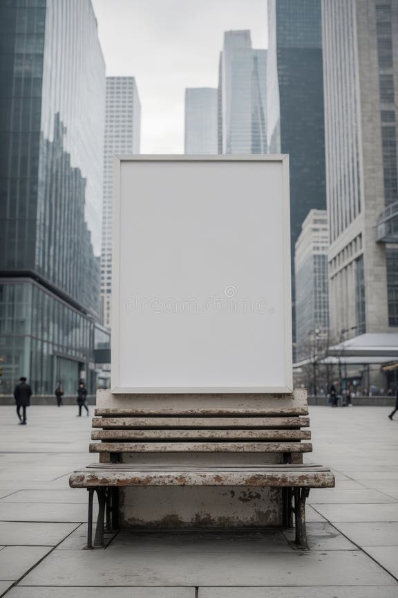 A White Billboard Sits on a Bench in a City Square Stock Photo - Image ...