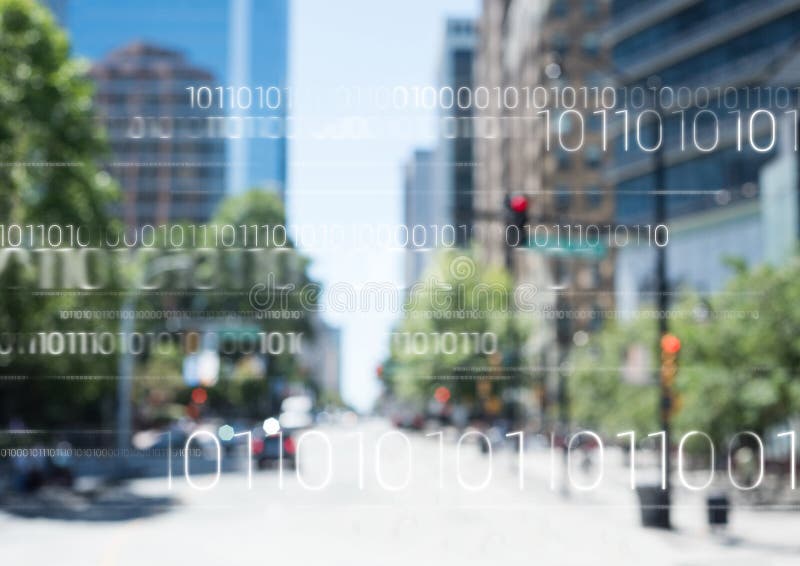 White Binary Code Against Blurry Street Stock Image - Image of digital ...