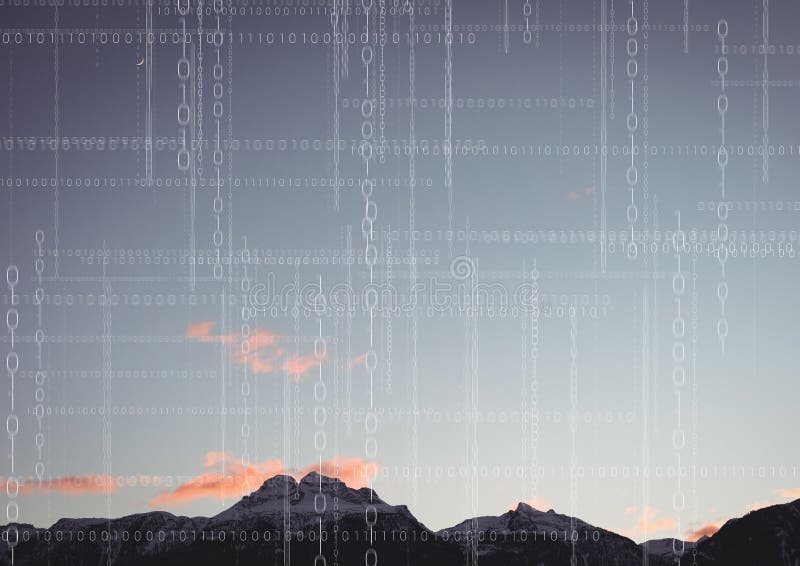 White Binary Code Against Mountain Tops and Sky Stock Illustration ...