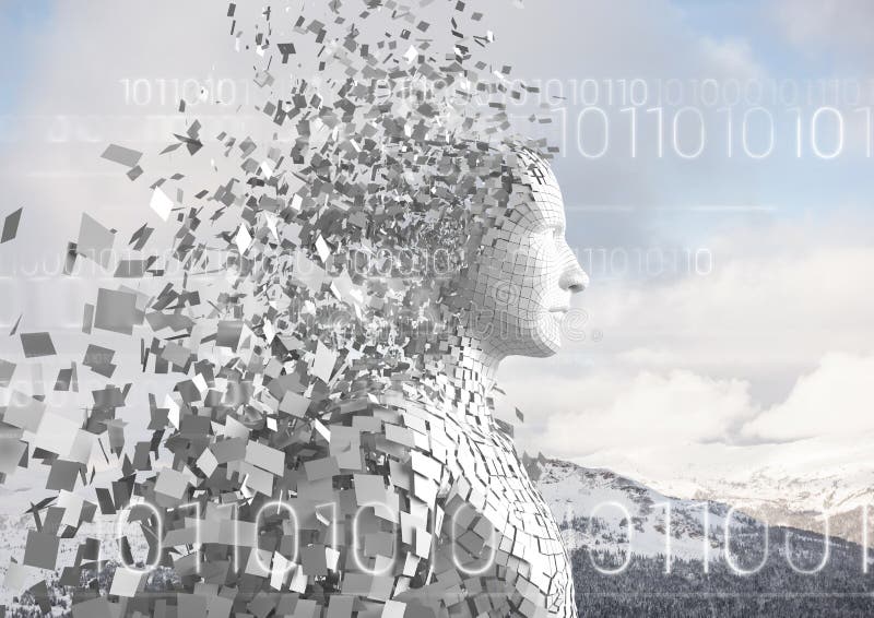 White Binary Code Against White Male AI And Snowy Mountain Tops Stock ...