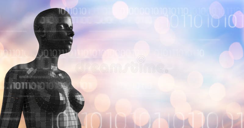 White Binary Code and Black Female AI Against Blue Orange Bokeh Stock ...