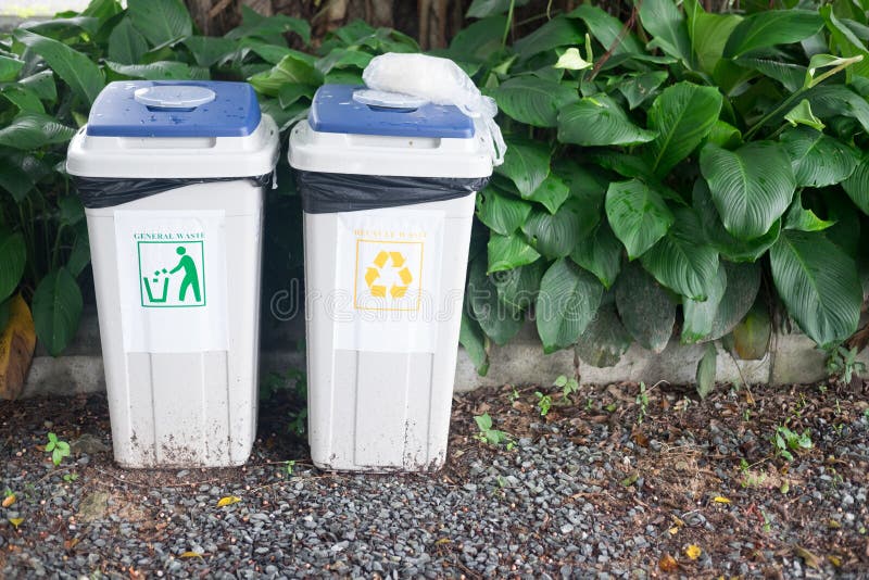 White Bins for General Waste and Recycling Stock Photo - Image of city ...