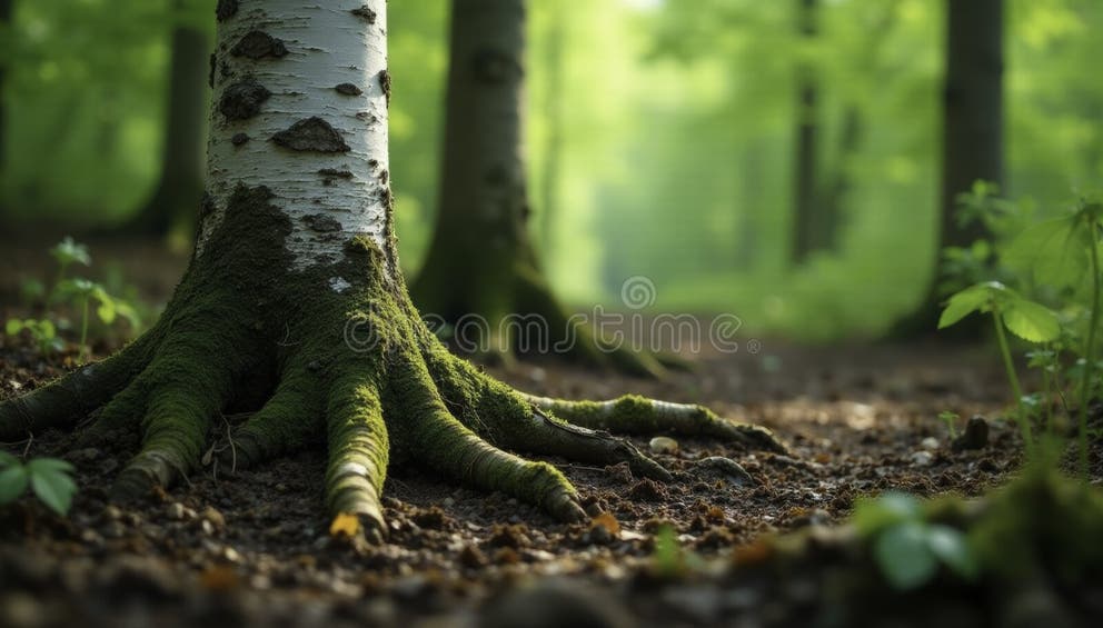 White Birch Tree Roots Exposed on the Forest Floor, Roots, Mosses Stock ...