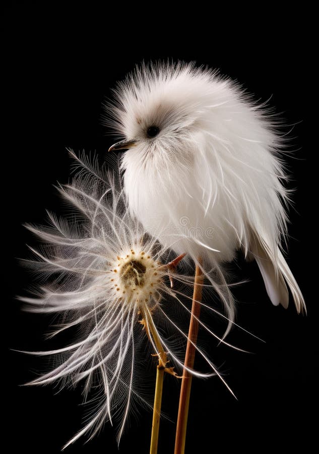 White Bird on a Dandelion on Black Background. Stock Illustration ...