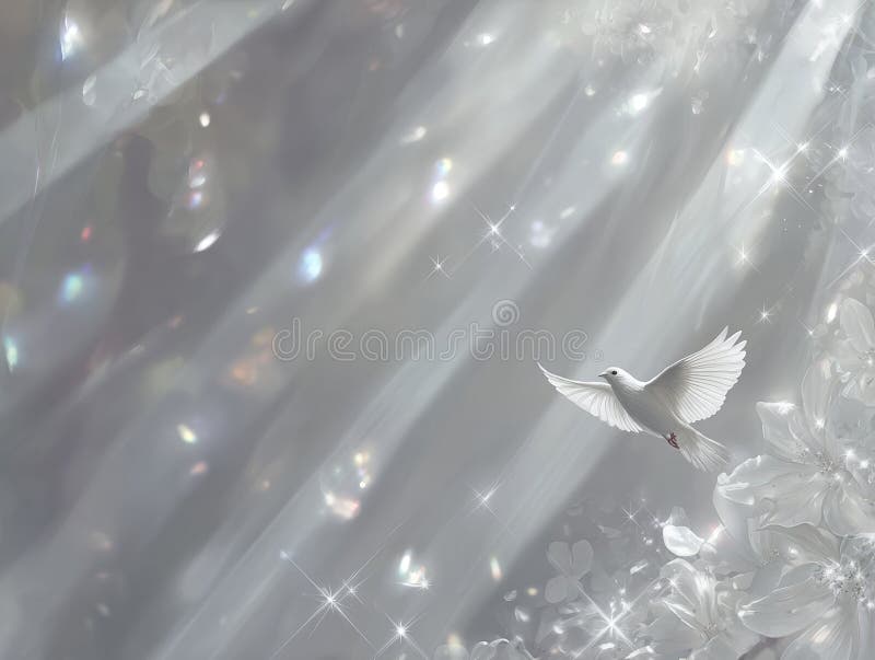 White Bird Flying Away from Cluster of Sparkling Objects, Bright Light ...