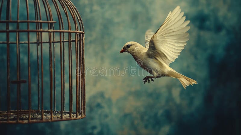 White Bird Flying Toward an Open Cage on a Blurred Blue Background ...