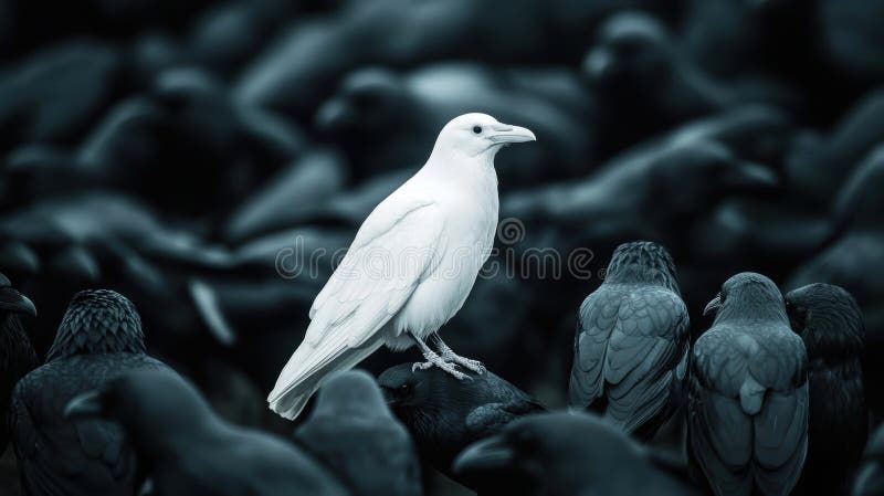 A White Bird Sitting on Top of a Pile of Black Birds Stock Illustration ...
