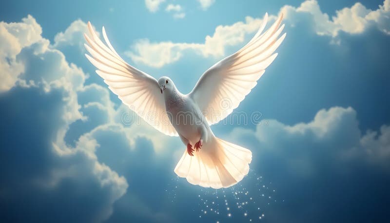 White Bird Soaring through Azure Sky with Fluffy Clouds and Sunlight ...