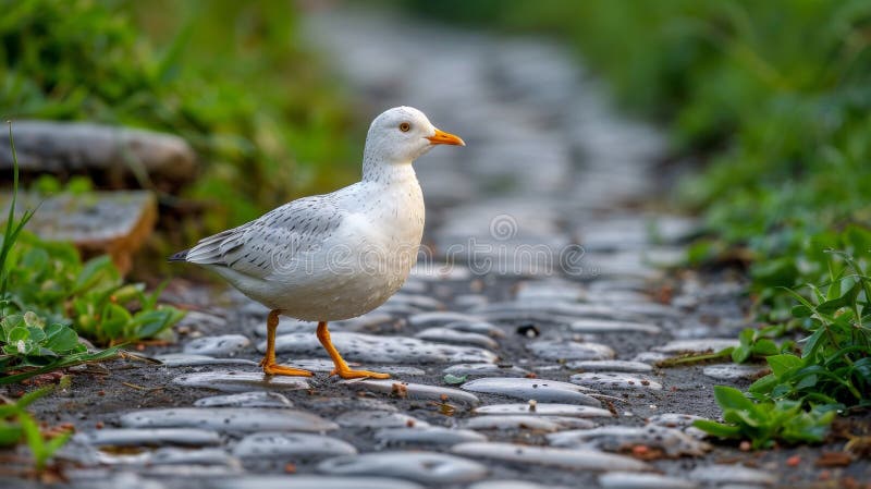 A White Bird Standing on a Stone Path with Grass and Rocks, AI Stock ...