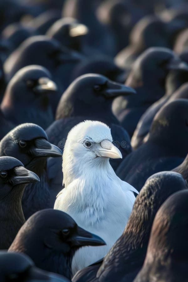 White Bird Stands Out among Flock of Black Birds. Generative AI Stock Image - Image of nature ...
