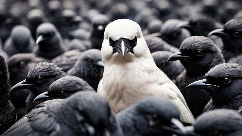 White Bird Stands Out among Flock of Black Birds. Generative AI Stock ...