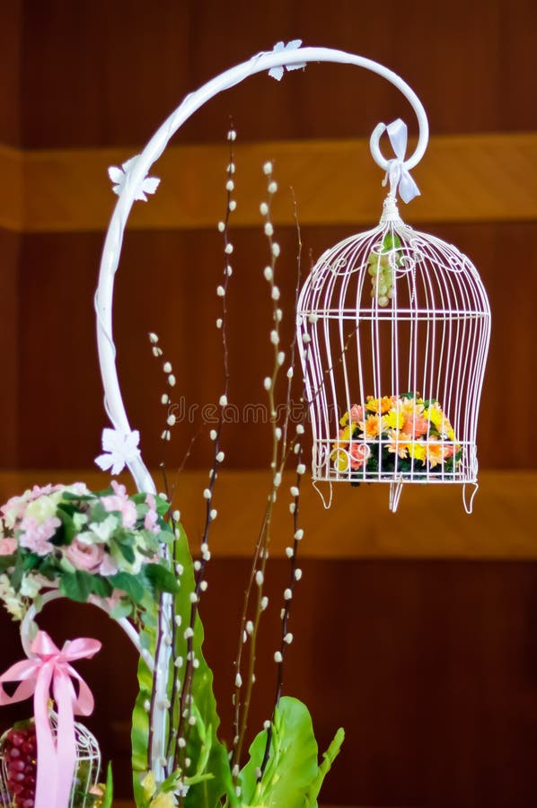 White Birdcage with Flowers Inside Stock Photo - Image of adorable ...