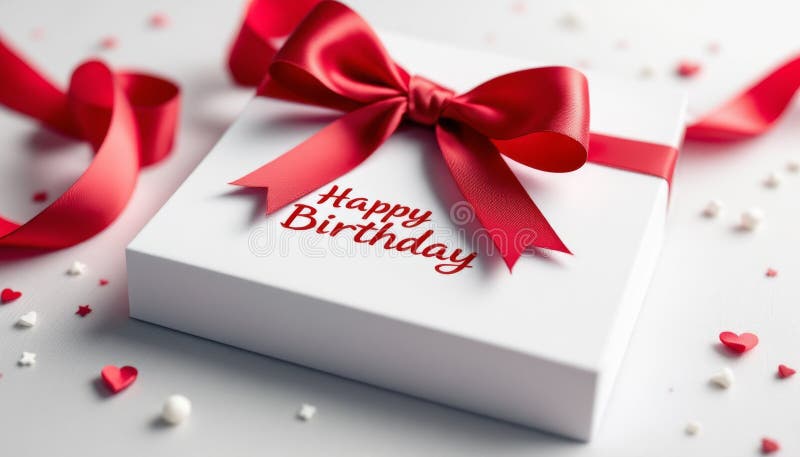 White Birthday Card with Red Ribbon Bow and Red Lettering Stock ...