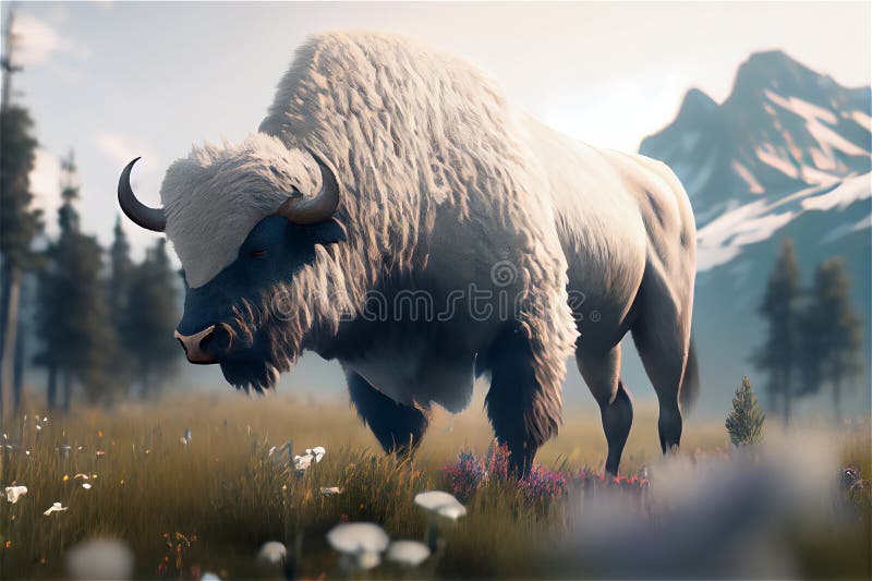 White bison in full growth stock illustration. Illustration of horn - 270441228