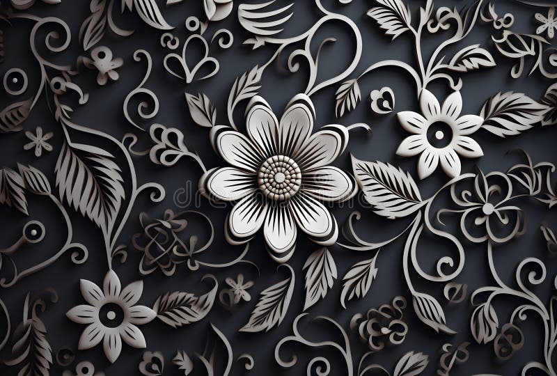 Elegant White Floral Pattern on Black Background Stock Illustration ...