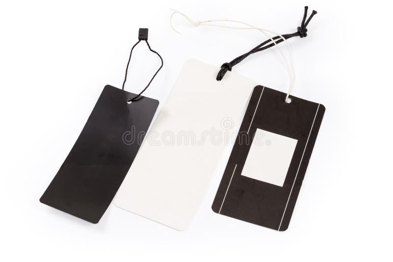 White and Black Carton Clothing Swing Tags on the Ropes Stock Photo ...