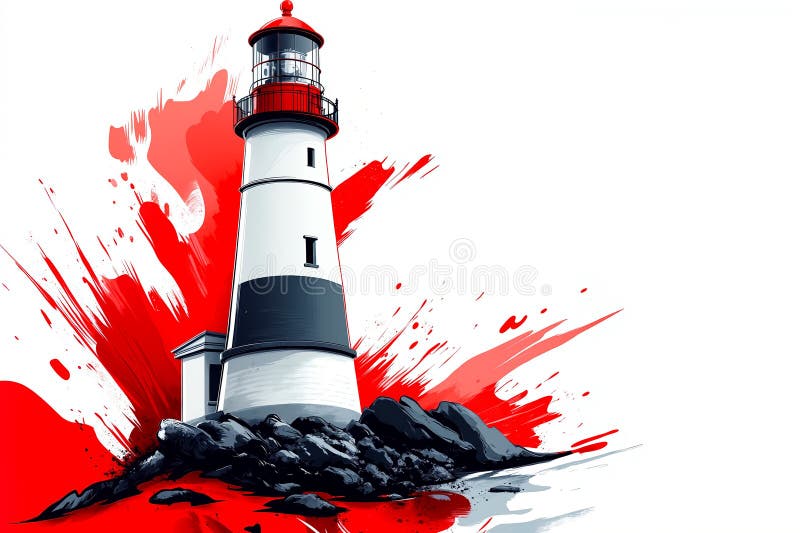 A White and Black Lighthouse with a Red Paint Splatter on it Stock ...