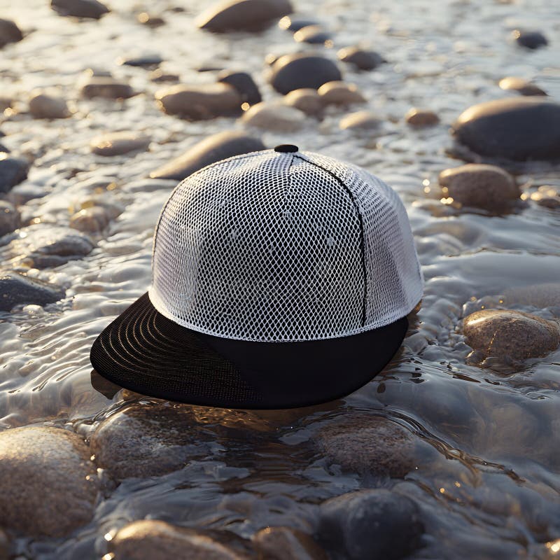White and Black Mesh Snapback Floating Above River Stones, Flowing ...