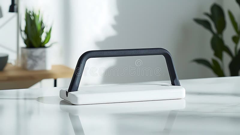 A White and Black Object with a Black Handle Sits on a White Surface ...