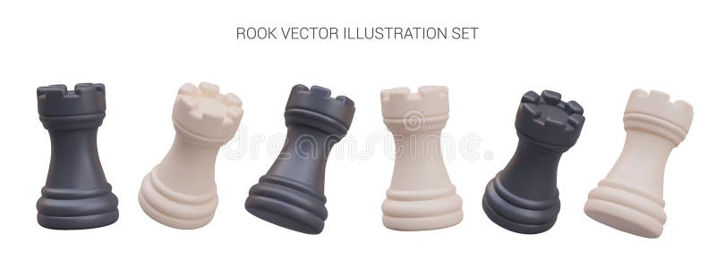 White and Black Realistic Rook. 3D Chess Pieces in Different Positions ...