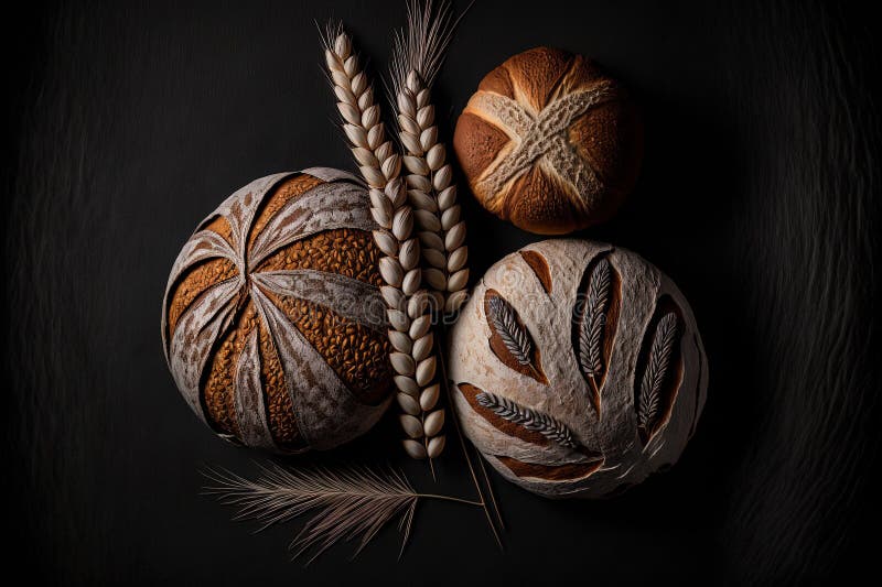 White, Black, and Rye Loaves are Seen in the Top View Against a Dark ...
