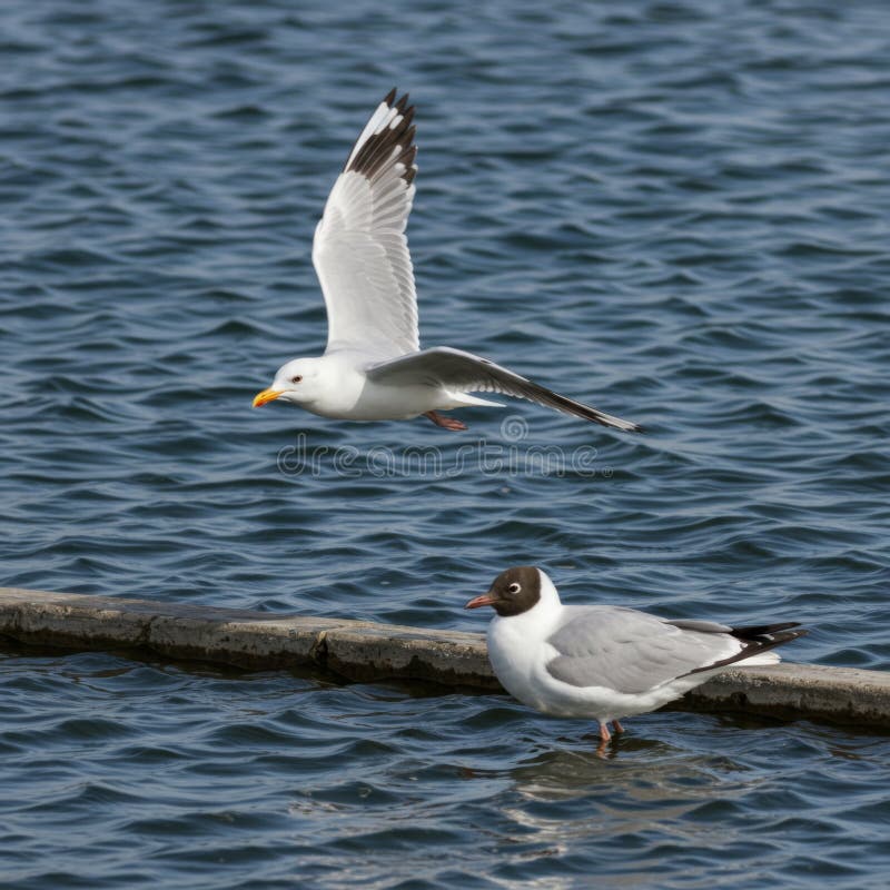 White and Black Seagull in Flight Over Dark Blue Water Stock ...