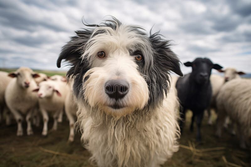White and Black Sheep Mix with Dog in Center Stock Photo - Image of ...