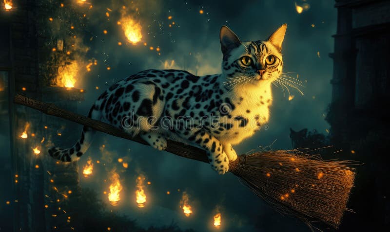 White-and-black Spotted Cat Sitting Calmly on a Broomstick Stock Image ...