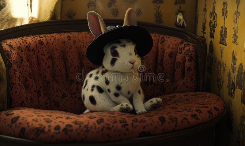 A White and Black Spotted Rabbit in a Tiny Hat, Sitting in a Cozy ...