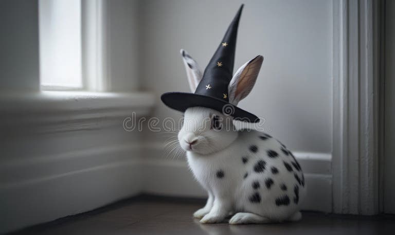 A White and Black Spotted Rabbit in a Tiny Hat, Sitting in a Cozy ...