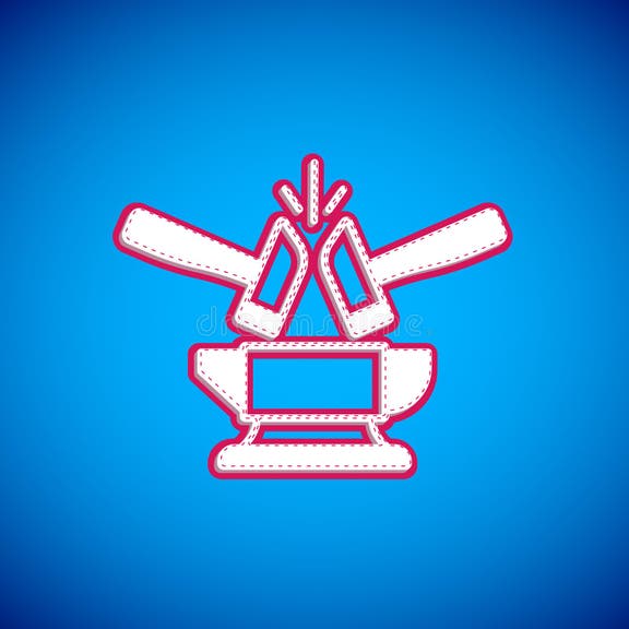 White Blacksmith Anvil Tool and Hammer Icon Isolated on Blue Background. Metal Forging. Forge ...
