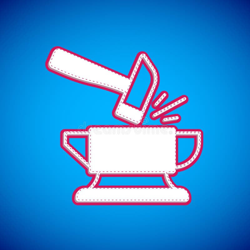 White Blacksmith Anvil Tool and Hammer Icon Isolated on Blue Background ...
