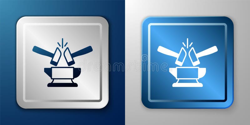 White Blacksmith Anvil Tool and Hammer Icon Isolated on Blue and Grey ...