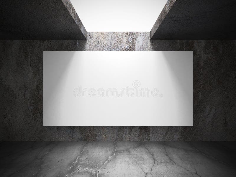 White Blank Banner Billboard in Dark Concrete Wall Room with Light ...